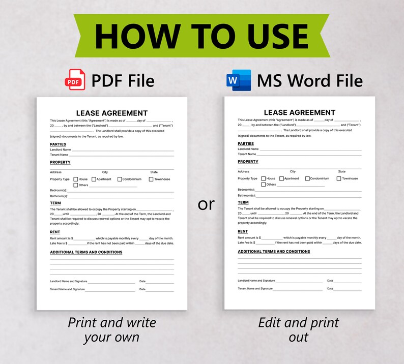 Rental Agreement, Lease Contract Template, Landlord Forms, Printable ...
