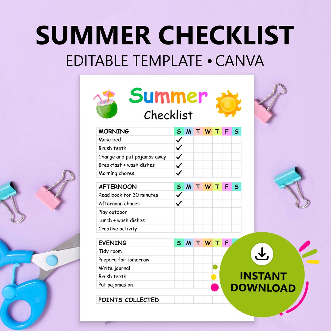 Summer Schedule Chore Chart for Kids, Screentime Checklist, Bucket List ...