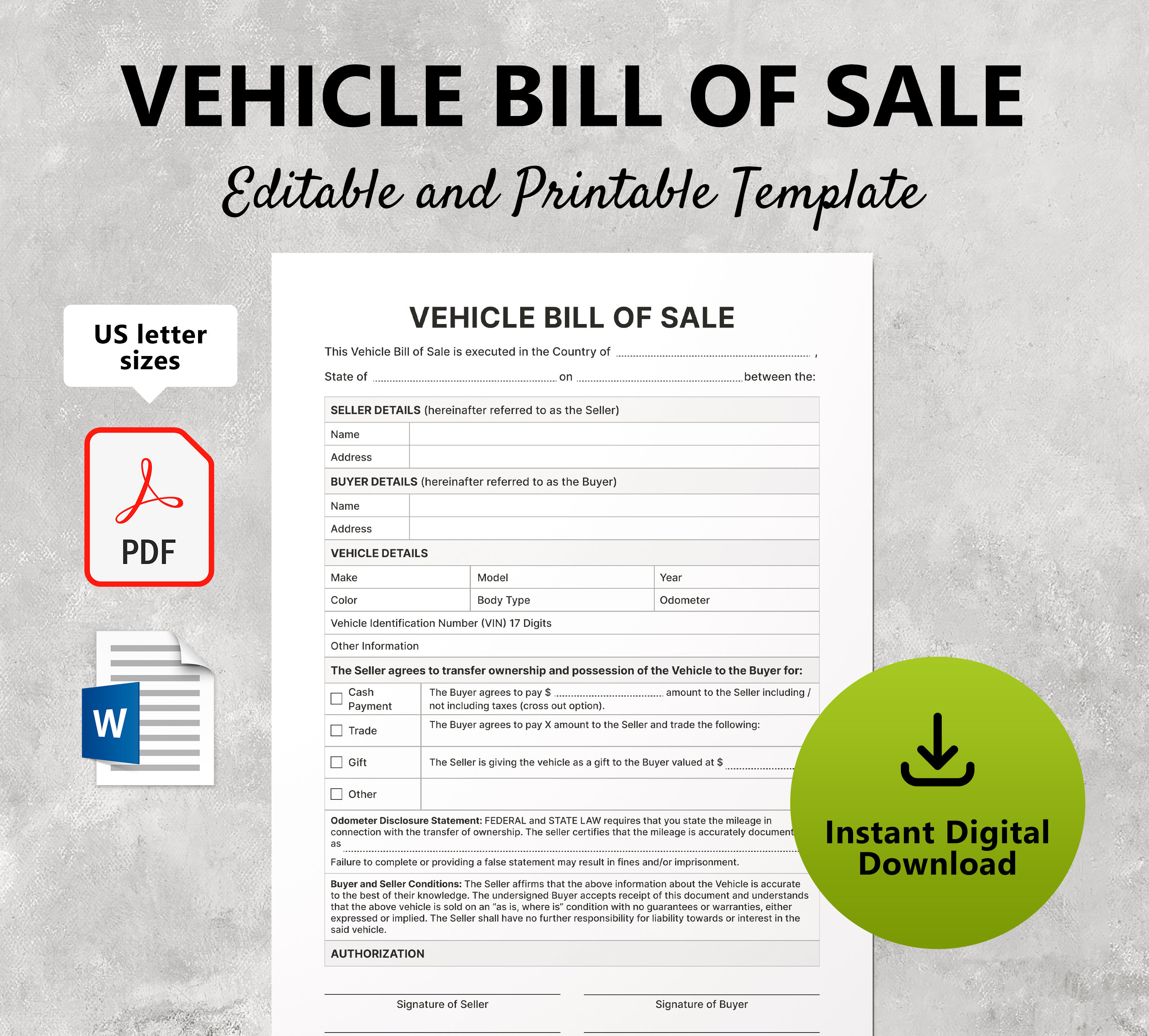 Motor Vehicle Bill of Sale - Car Truck Van Bill of Sale Instant Digital ...