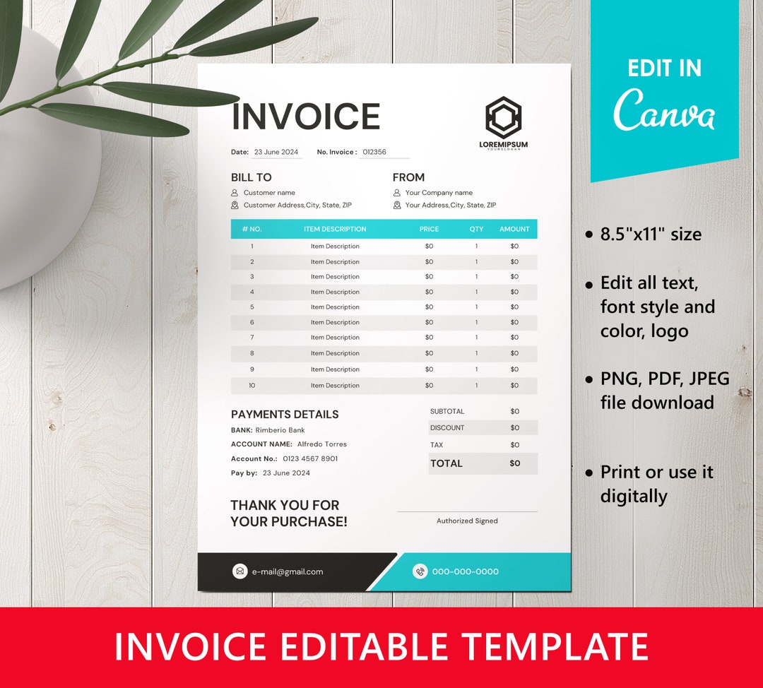 Invoice Template Editable Canva, Small Business Custom Order Form ...