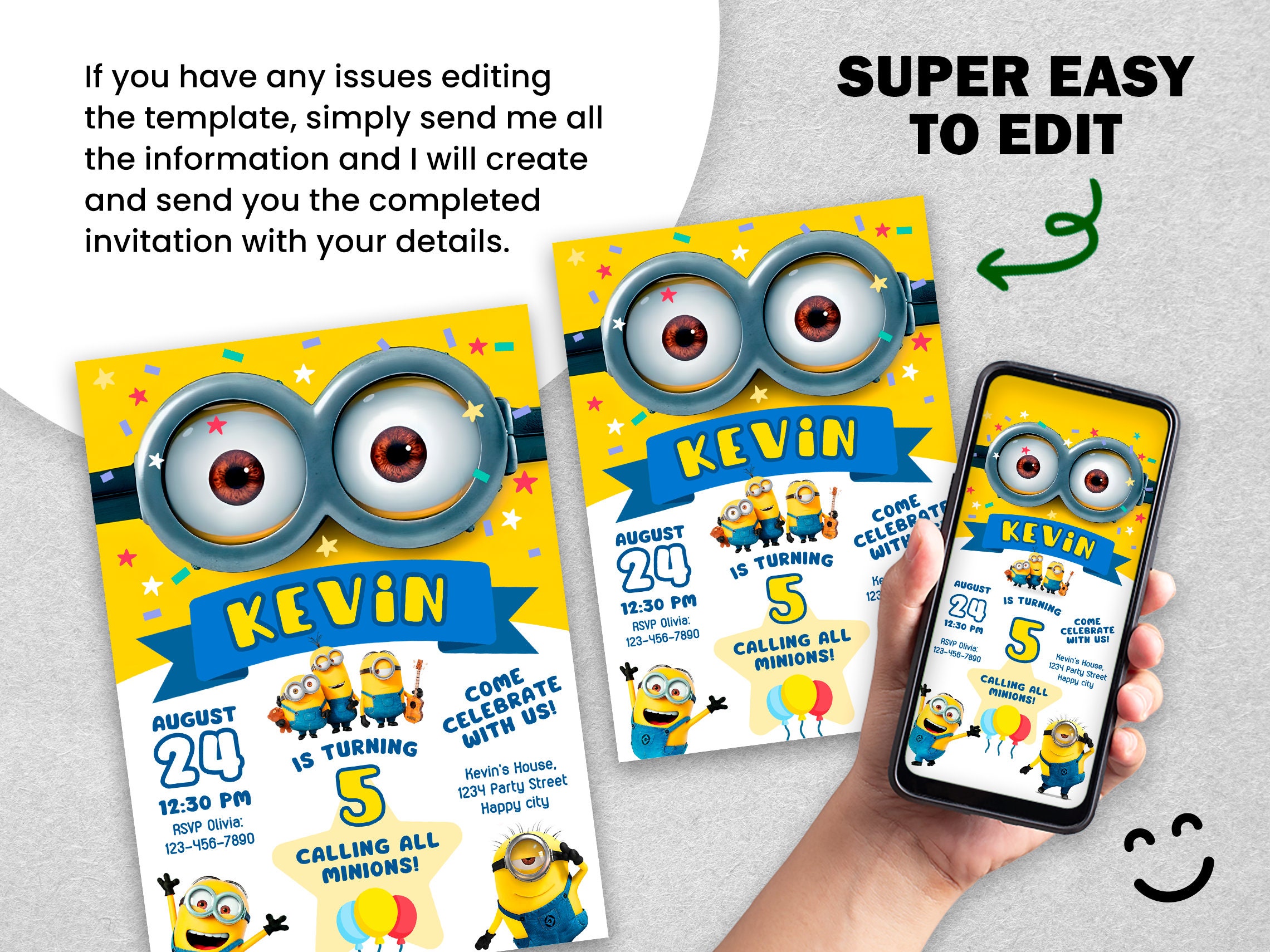 Minions Birthday Invitation, Editable Digital Yellow Birthday Party ...