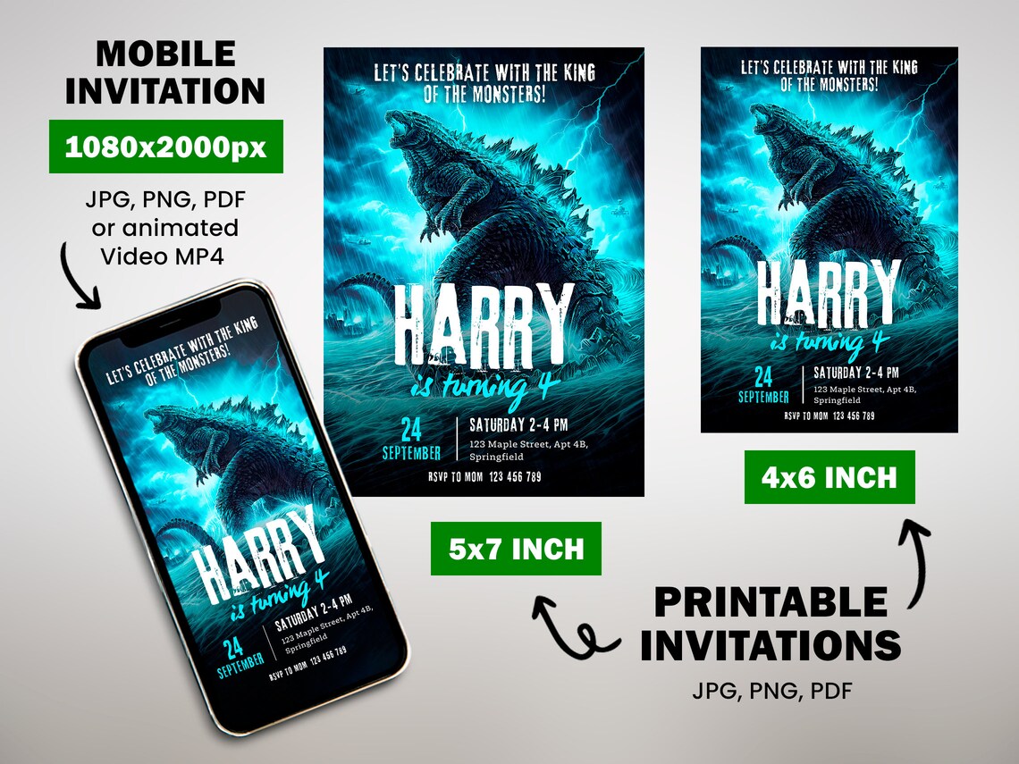 Godzilla Invitation, Godzilla Boys Editable Birthday Invitation ...