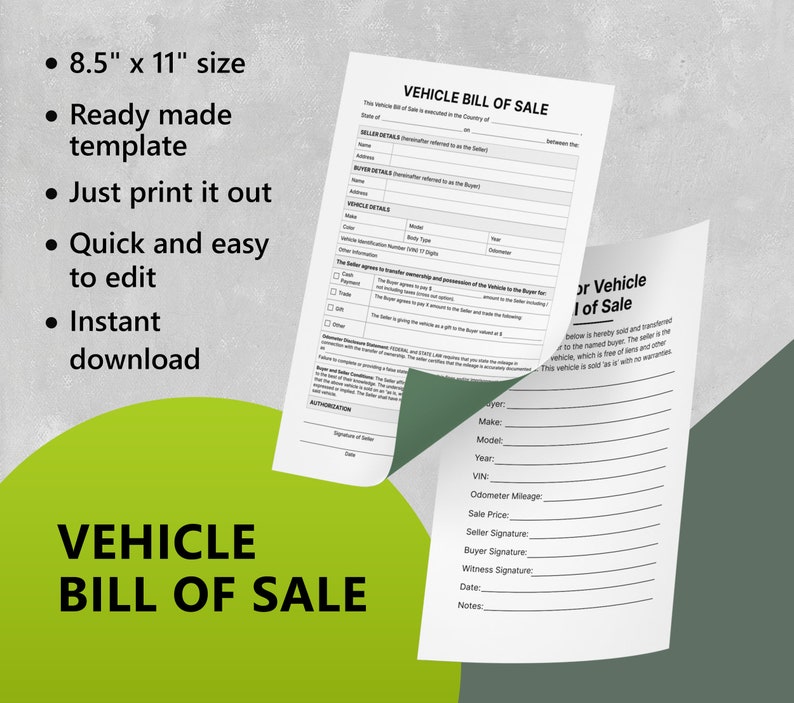 Motor Vehicle Bill of Sale - Car Truck Van Bill of Sale Instant Digital ...
