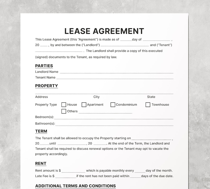 Rental Agreement, Lease Contract Template, Landlord Forms, Printable ...