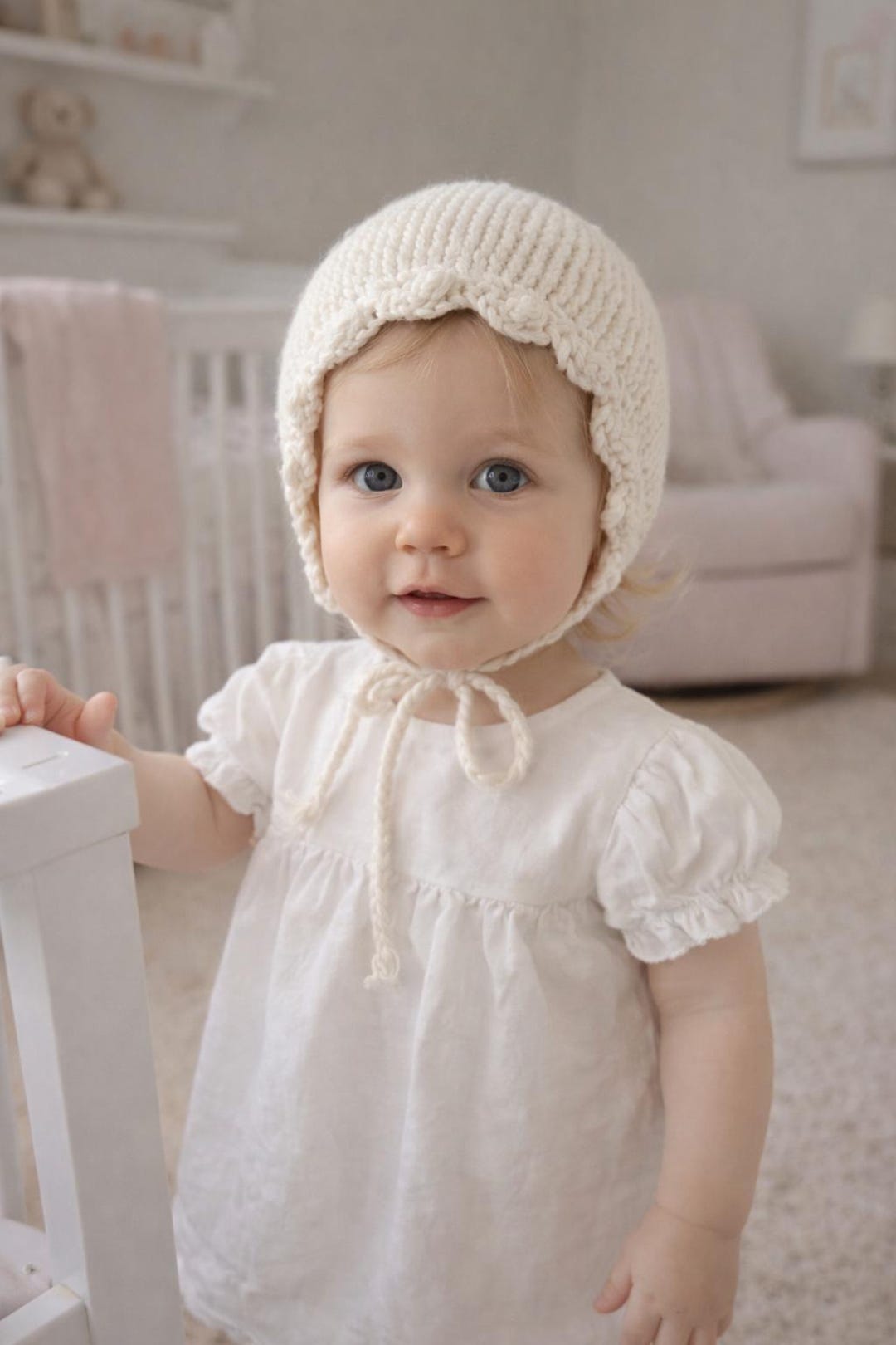 Classic Baby Bonnet Knitting Pattern With Crochet Scalloped Edge 0–24 ...