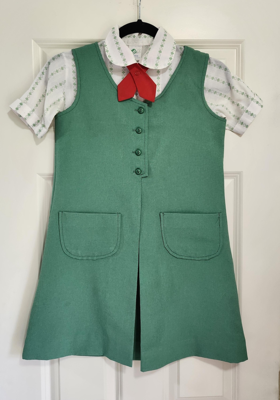 VTG 1980s GIRL SCOUTS Uniform Green Pinafore Dress, Blouse, Red Necktie ...