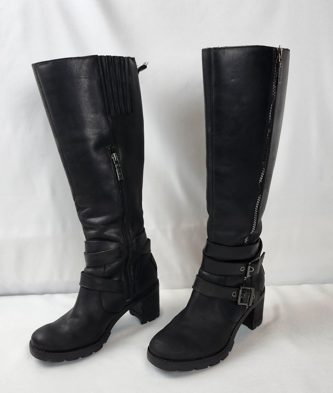 UGG Womens Sz 6 Lana Tall Biker Black Leather Boots Block Heel Lug Sole ...