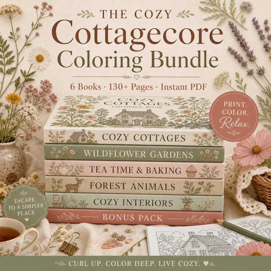 Cottagecore Coloring Book Bundle, Adult Coloring Pages, Cozy Cottage ...