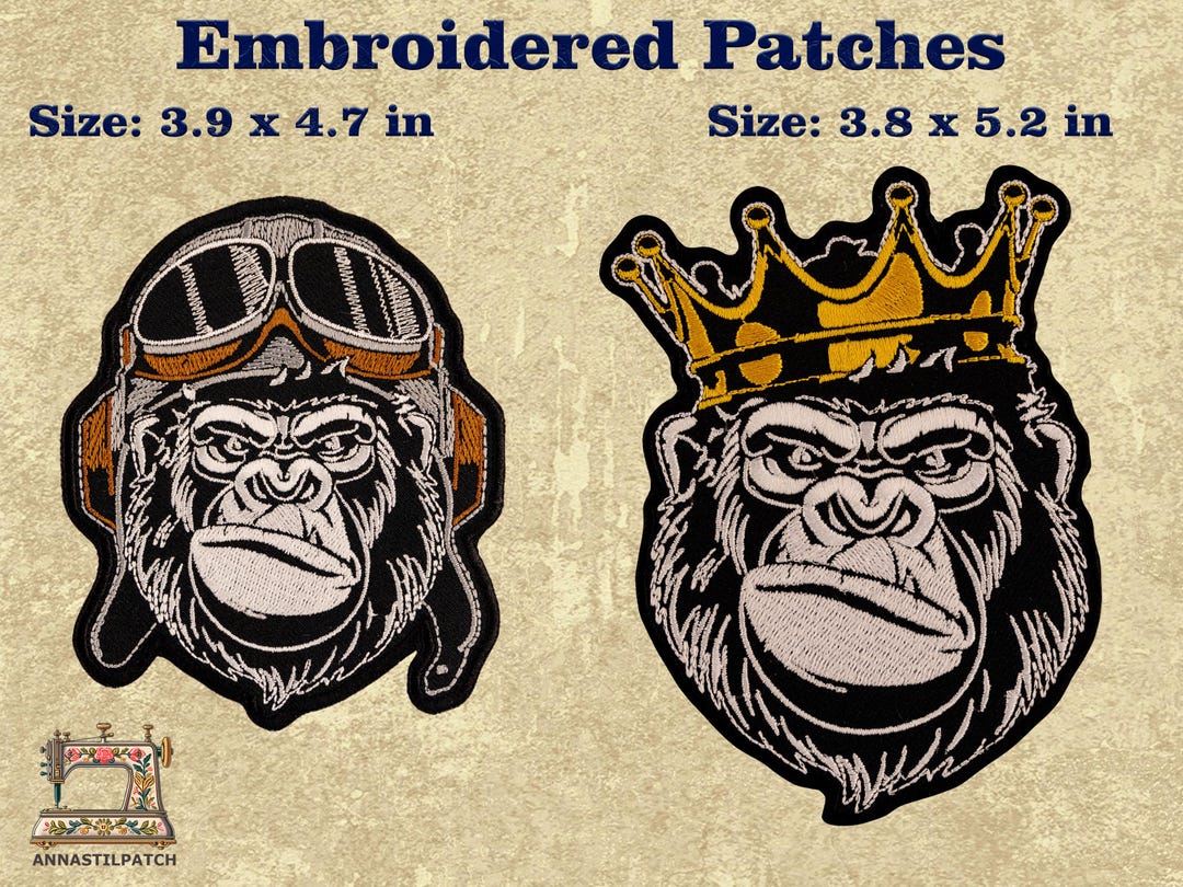 Set of the 2 Embroidered Patches Gorilla in a Gold Crown and Gorilla in ...