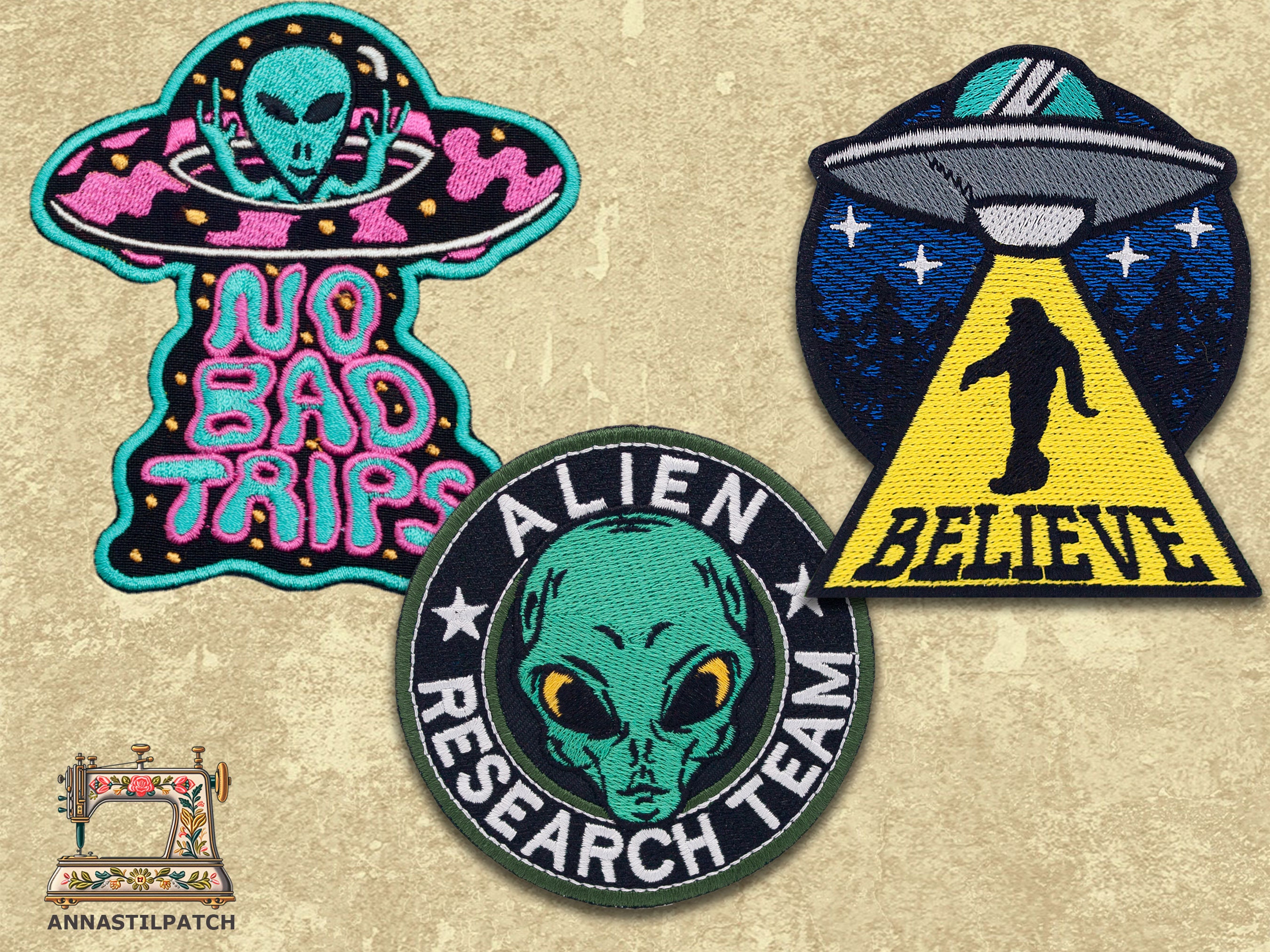 Set of the 3 Ufo Embroidered Patches. No Bad Trips, Alien Research ...