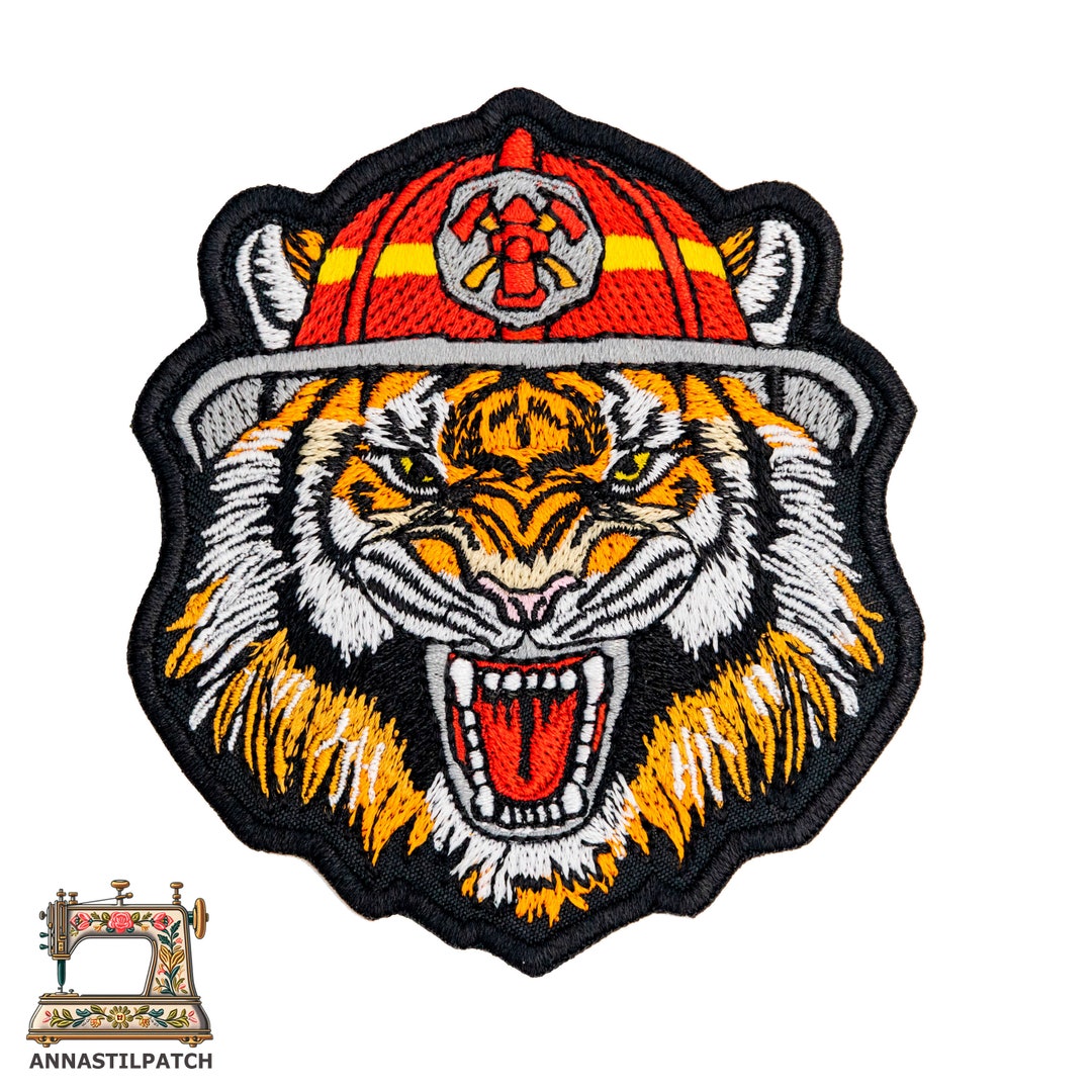 Angry Tiger in Fireman's Helmet Embroidered Patch Iron On. Size: 3.5x4 ...
