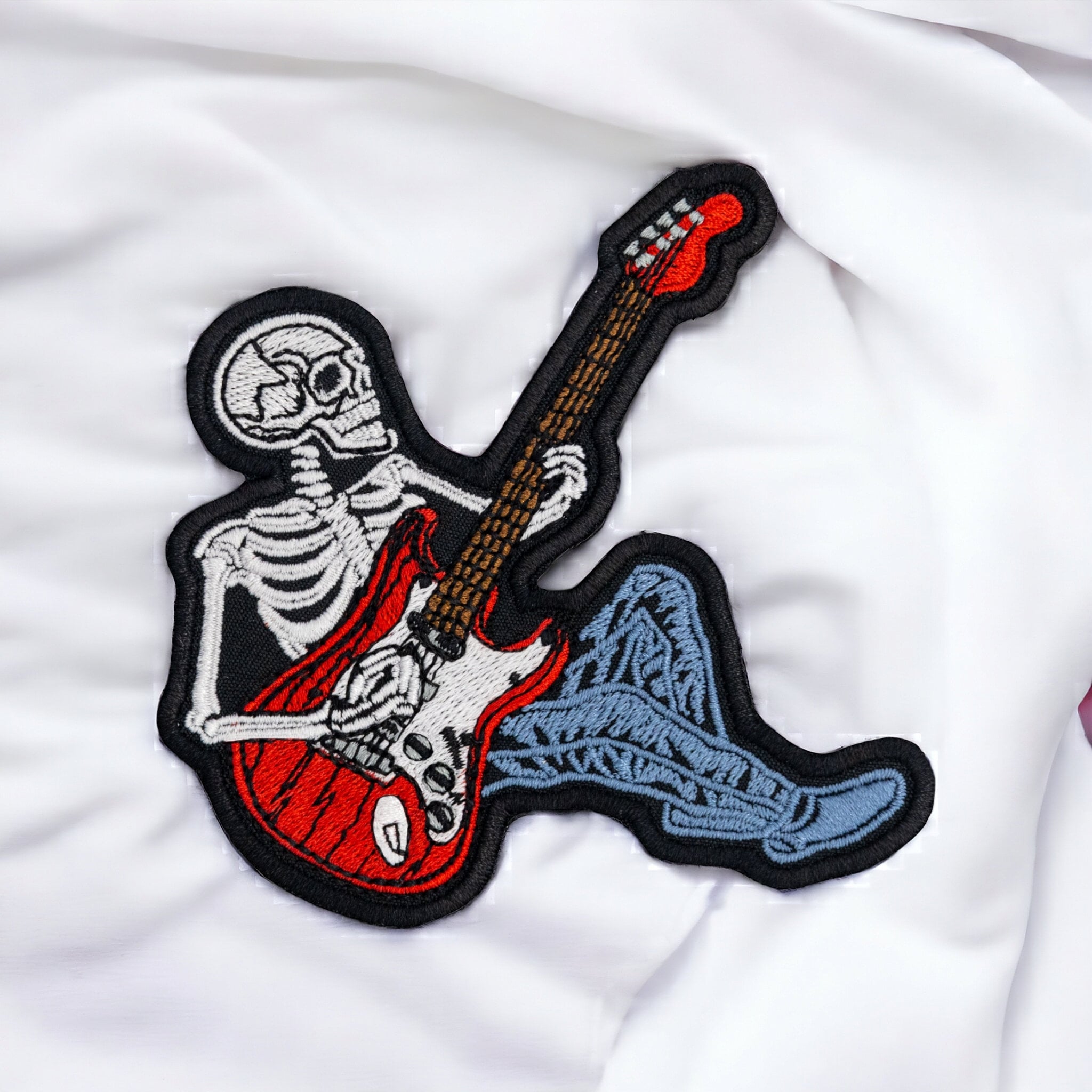 Skeleton Plays Red Electric Guitar and Sings Embroidered Patch Iron On ...