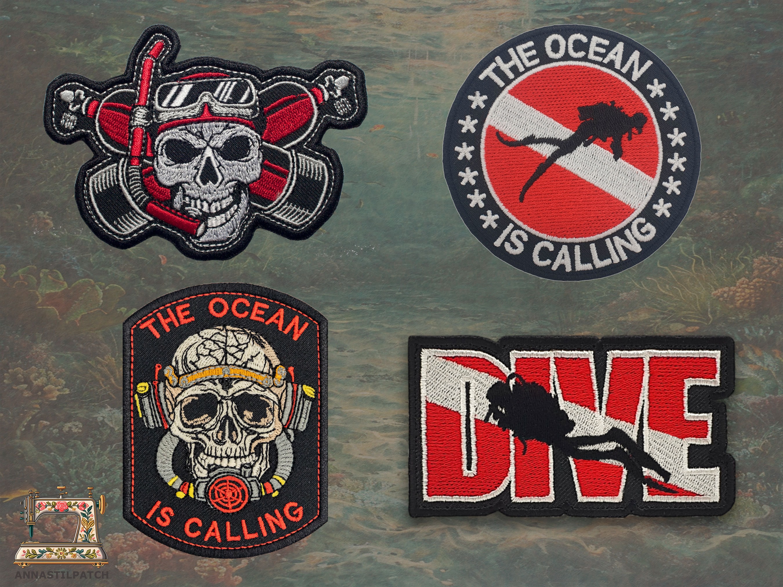 Bundle of the 4 Embroidered Patches Dedicated to Scuba Diving. Scull With Oxygen Tanks. the ...