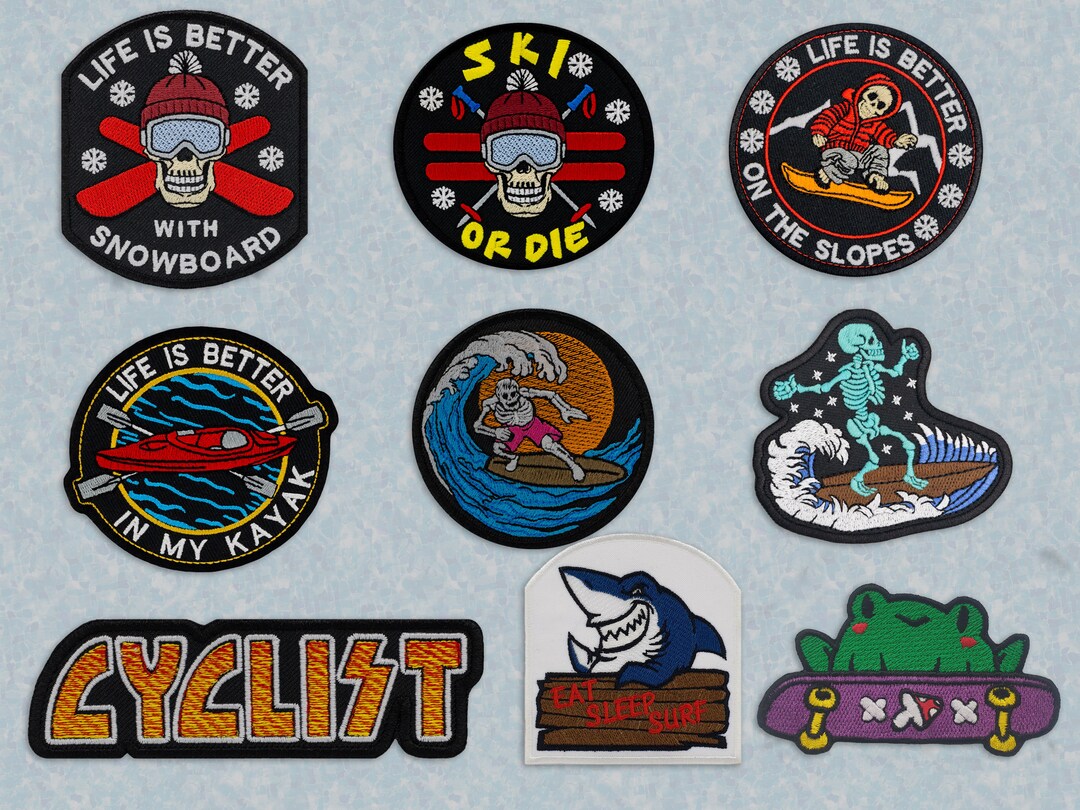 Bundle of the 9 Extreme Sport Embroidered Patches. Ski Snowboard, Kayak ...