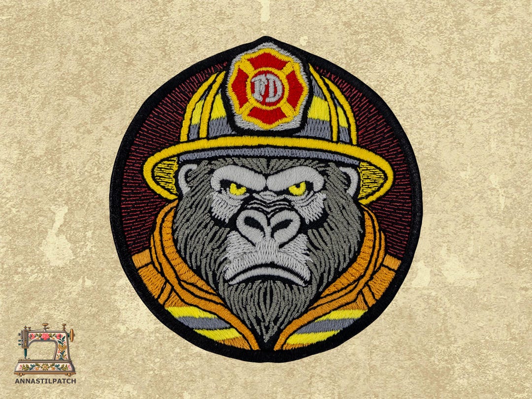 Gorilla Firefighter in a Helmet Embroidered Patch Iron On. Size: 3,6x3 ...