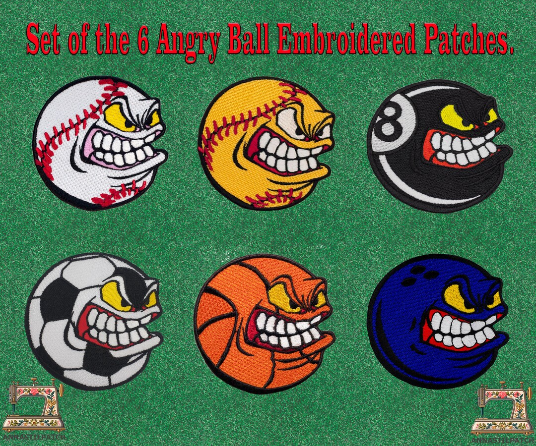 Set of 6 Iron on Embroidered Patches. Angry Balls. Baseball. Basketball ...