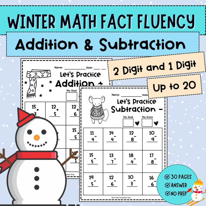 30 Math Worksheets-printable Addition and Subtraction to 20 Winter ...