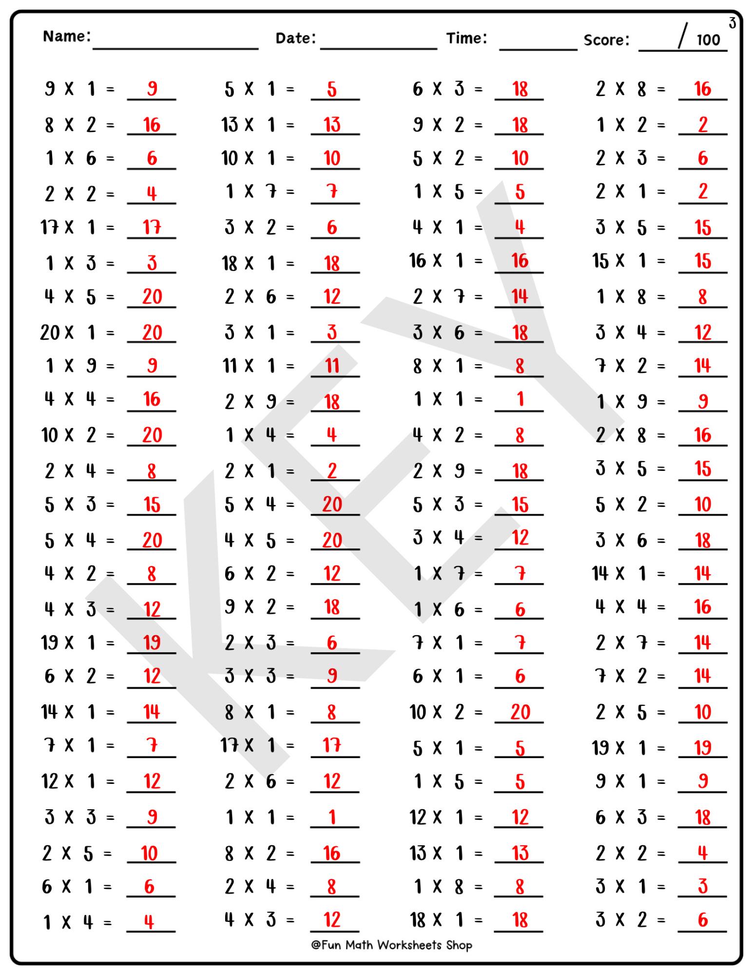 Printable Multiplication Worksheets: Fill-in-the-blanks, Numbers 1-20 ...
