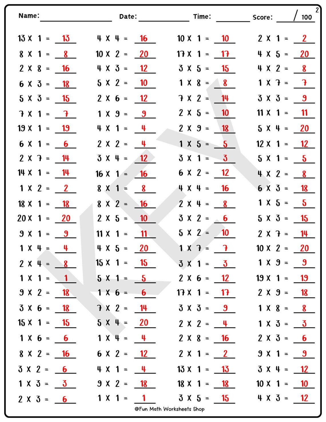 Printable Multiplication Worksheets: Fill-in-the-blanks, Numbers 1-20 ...