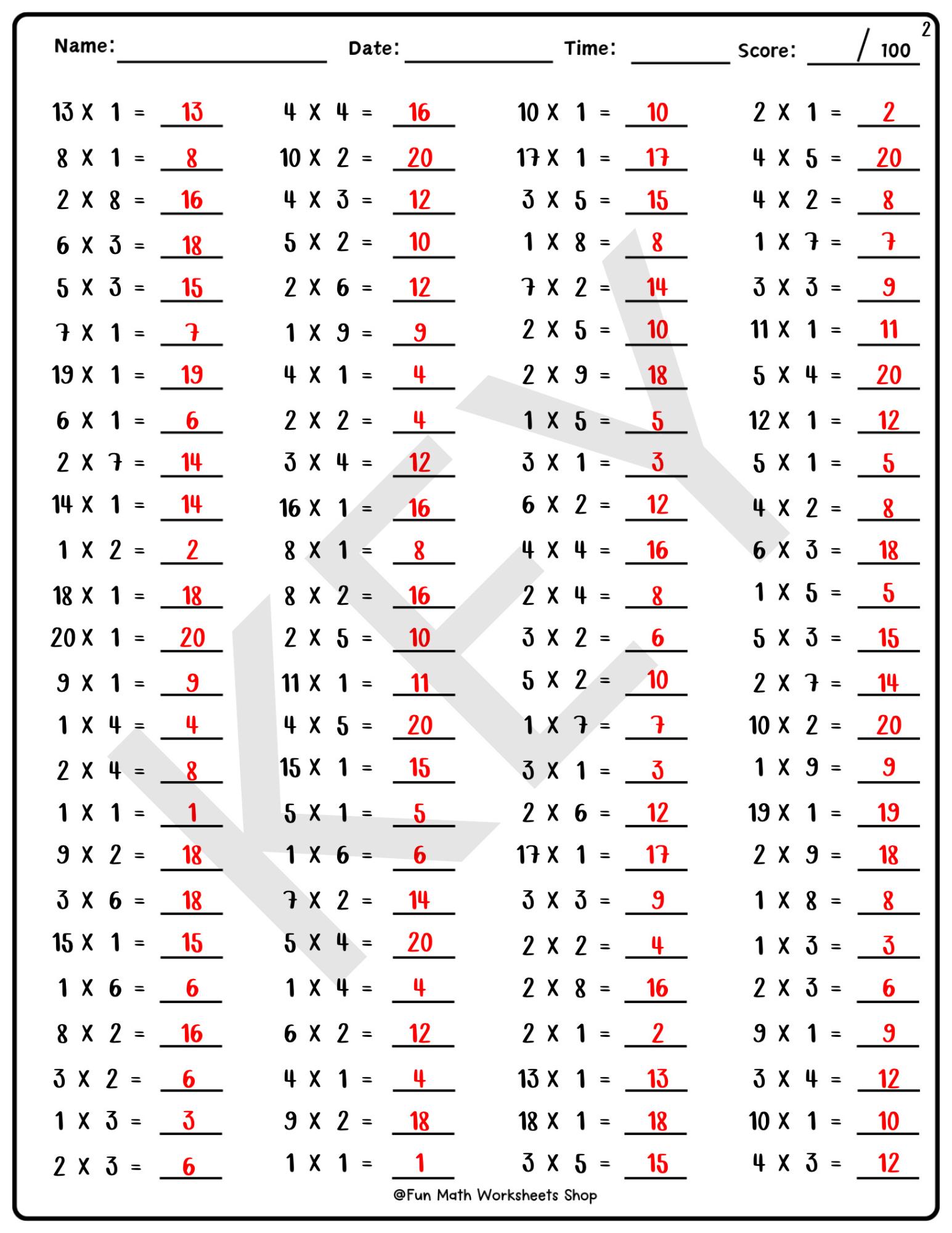 Printable Multiplication Worksheets: Fill-in-the-blanks, Numbers 1-20 ...