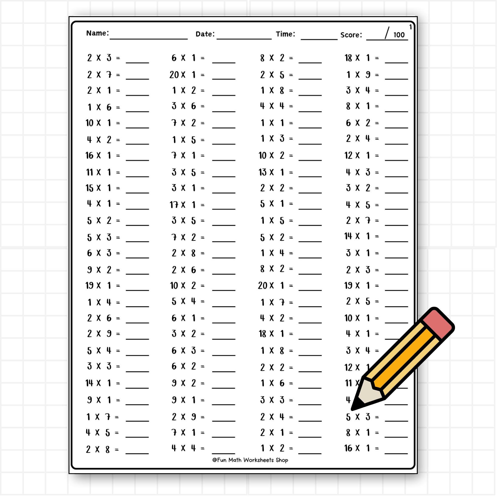Printable Multiplication Worksheets: Fill-in-the-blanks, Numbers 1-20 ...
