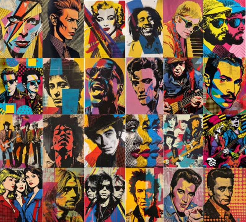 120-pack of Printable Designs in Pop-art Style Musicians of 20th ...