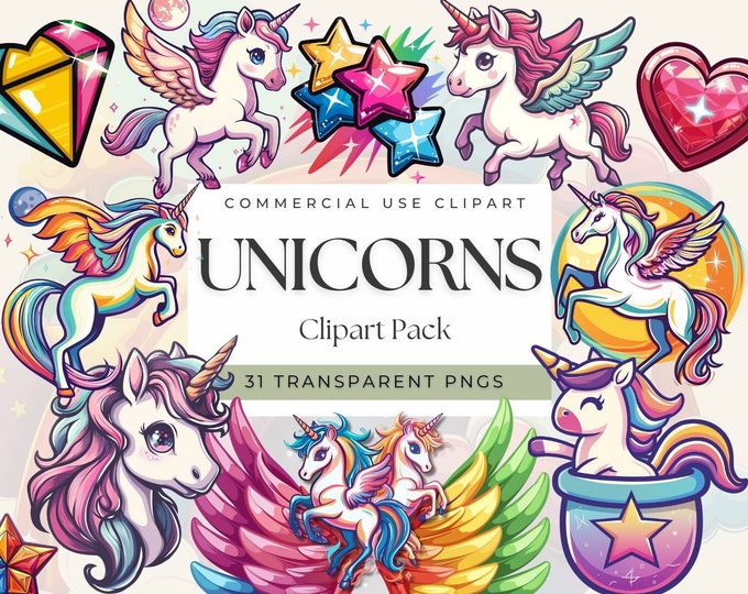30 Cute Unicorn Party Clipart Bundle, Cute Unicorn Clipart, Rainbow ...