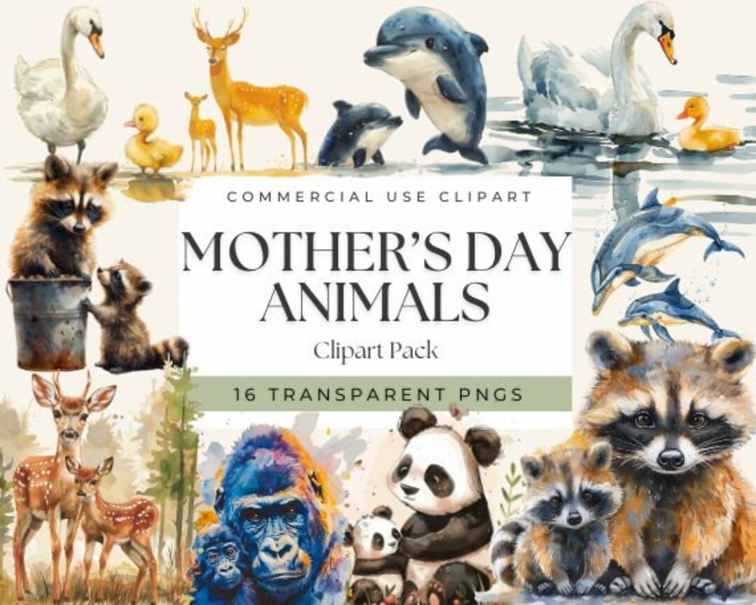 Mother's Day Animals Watercolor Clipart Mom and Cute Baby Animals for ...