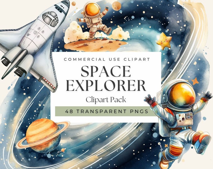 Watercolor Space Clipart Bundle Astronaut Rocket Png | Cute Space ...