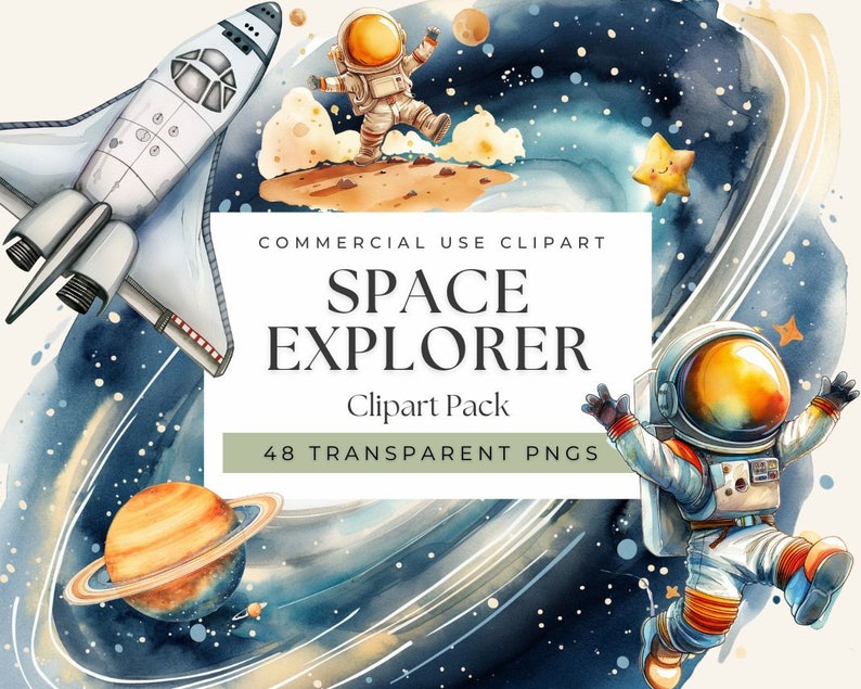 Space Watercolor Clipart Cute Rocket Astronaut Outer Space Clipart for ...