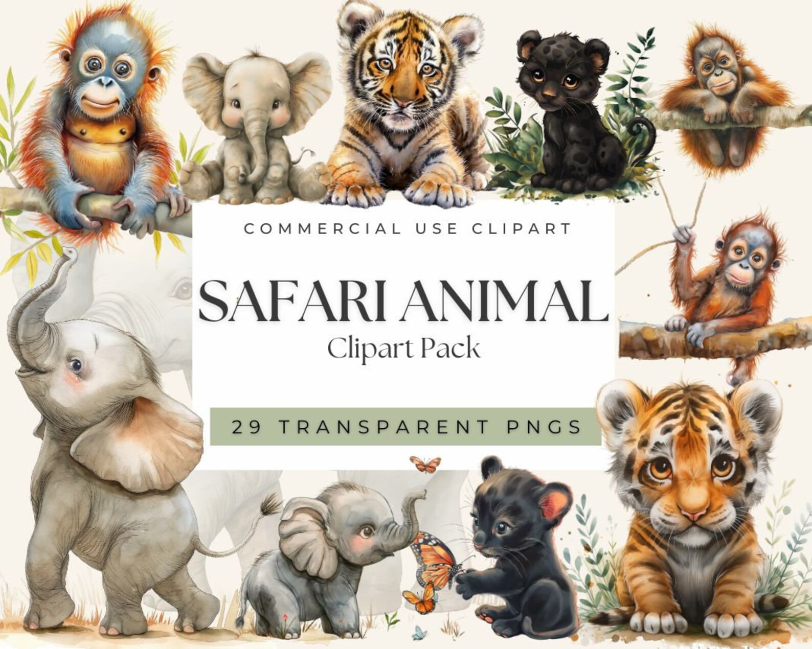 Safari Animal Clipart Watercolor Jungle Animal for Nursery Decor Cute ...