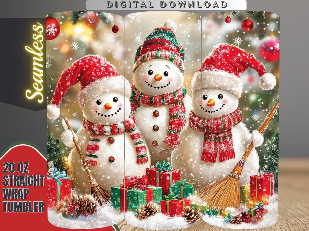 Three Christmas Snowmen Skinny Tumbler Sublimation Design, Holiday Gift ...