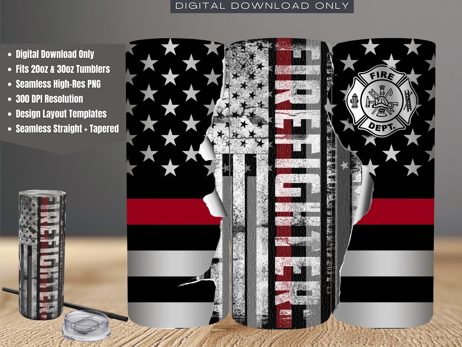 Firefighter Tumbler Sublimation Design: American Flag Fireman Wrap ...