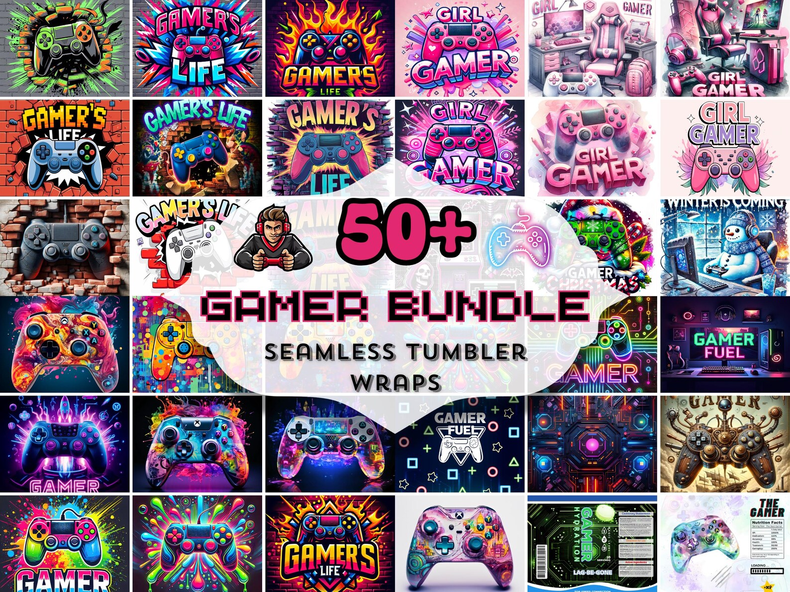 Gamer Tumbler Sublimation Designs: 50+ Seamless PNG Wraps (digital ...