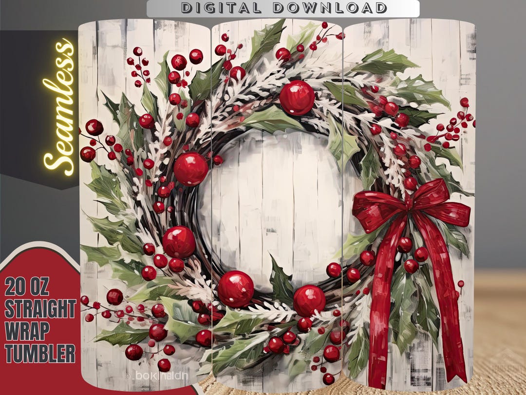 Rustic Christmas Holiday Wreath Skinny Tumbler Sublimation Design ...