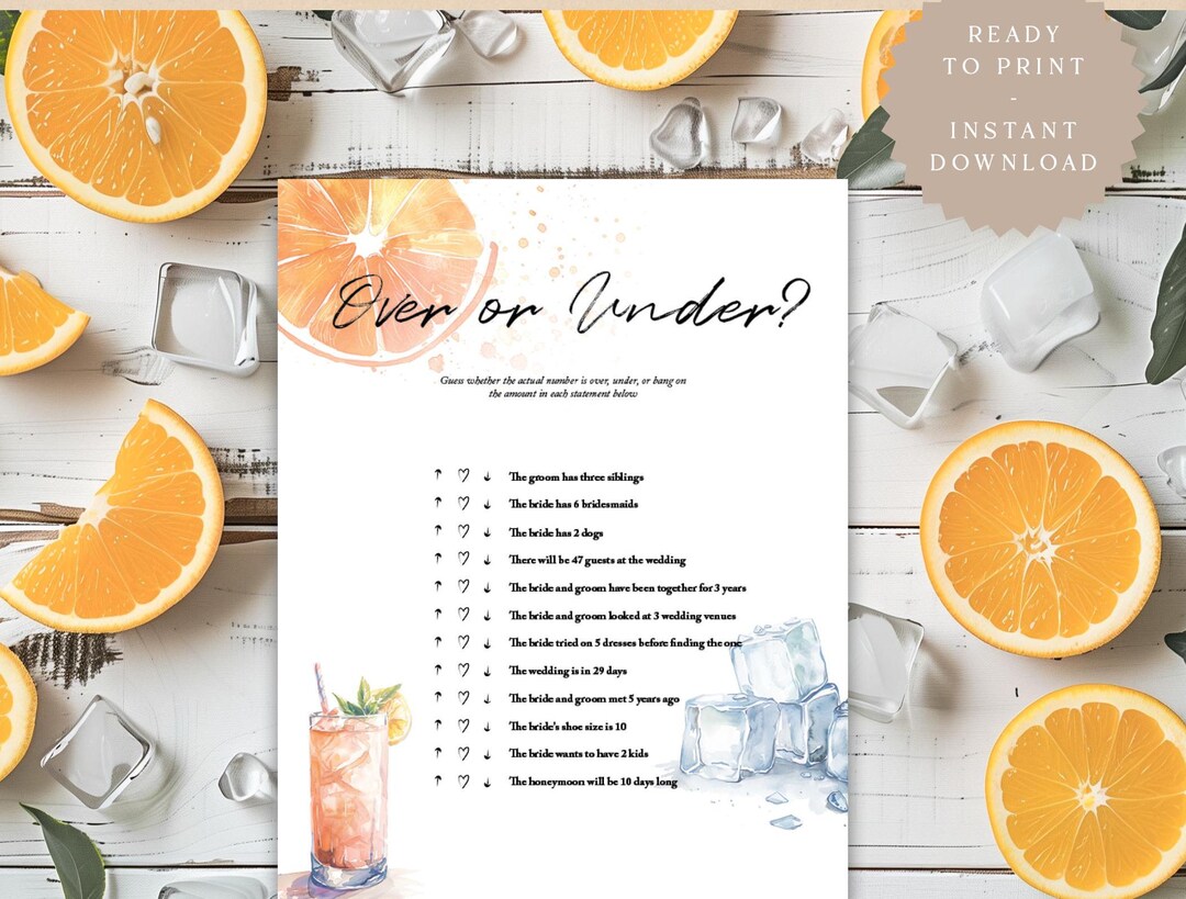 Over or Under Printable Bridal Shower Game Modern Wedding Over or Under ...
