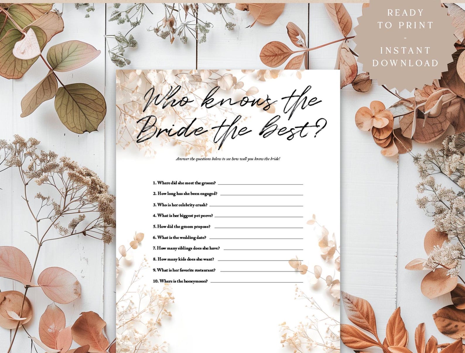 Who Knows the Bride Best Printable Bridal Shower Game Modern Wedding ...
