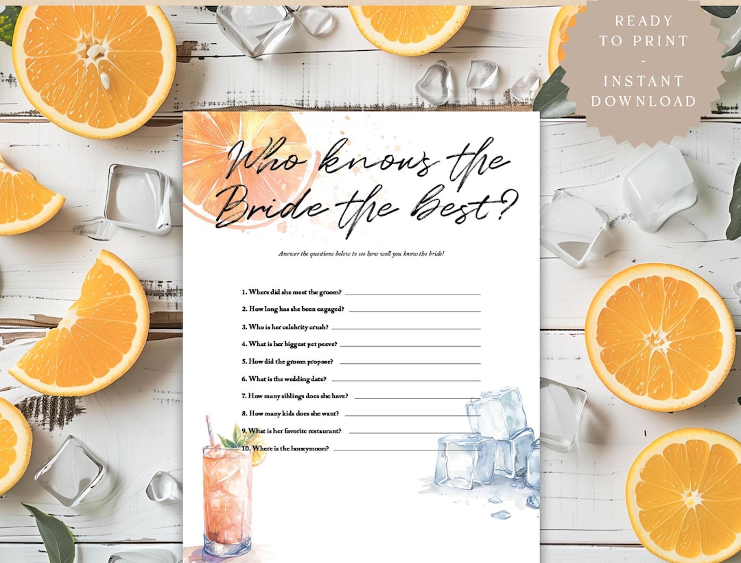 Who Knows the Bride Best Printable Bridal Shower Game Modern Wedding ...