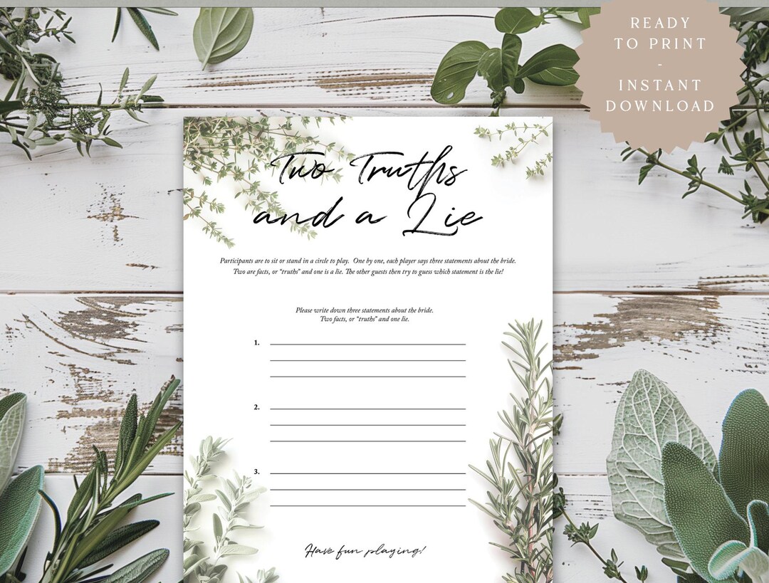 Two Truths and a Lie Printable Bridal Shower Game Modern Wedding Two ...