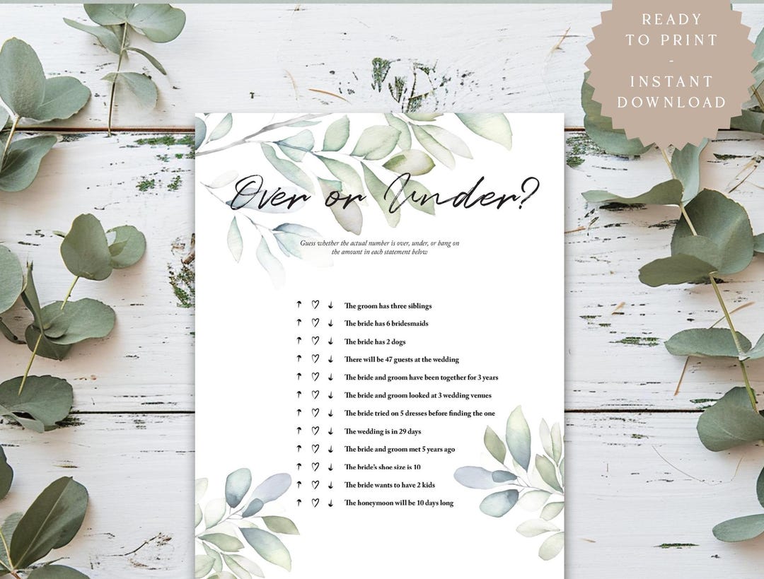 Over or Under? Printable Bridal Shower Game Modern Wedding Over or ...