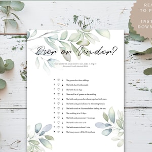 Over or Under? Printable Bridal Shower Game Modern Wedding Over or ...