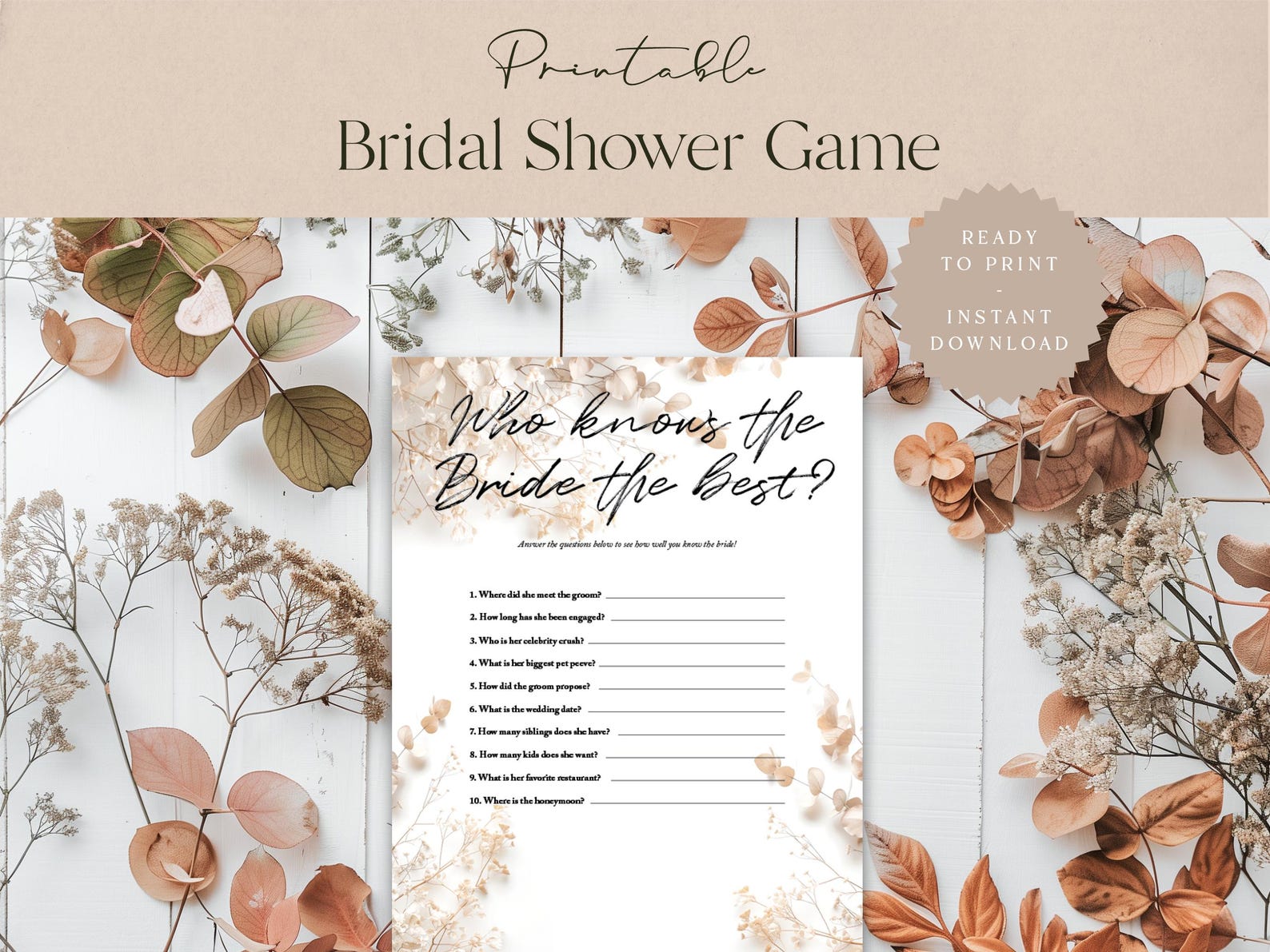 Who Knows the Bride Best Printable Bridal Shower Game Modern Wedding ...