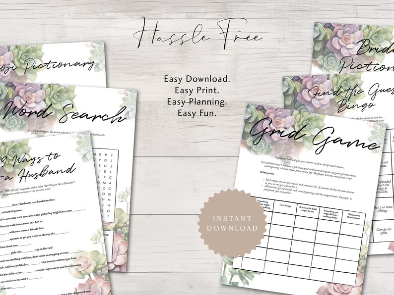 Printable Bridal Shower Games Bundle Succulents Modern Wedding Game ...