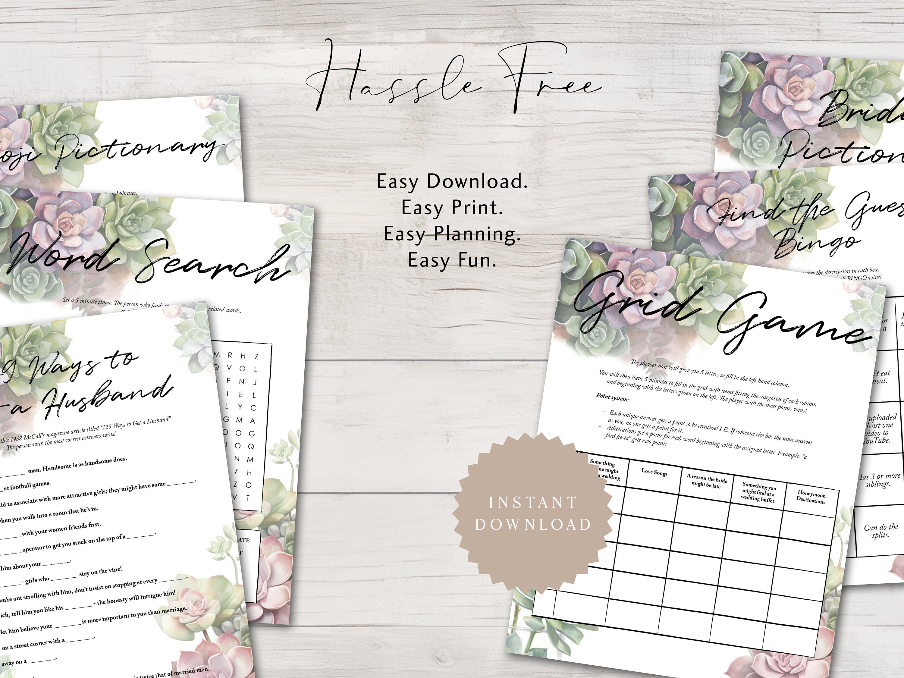 Printable Bridal Shower Games Bundle Succulents Modern Wedding Game ...
