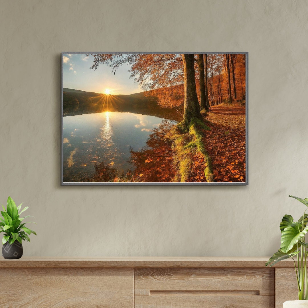 Autumn Sunset Lake Painting, Printable Artwork, Digital Download ...