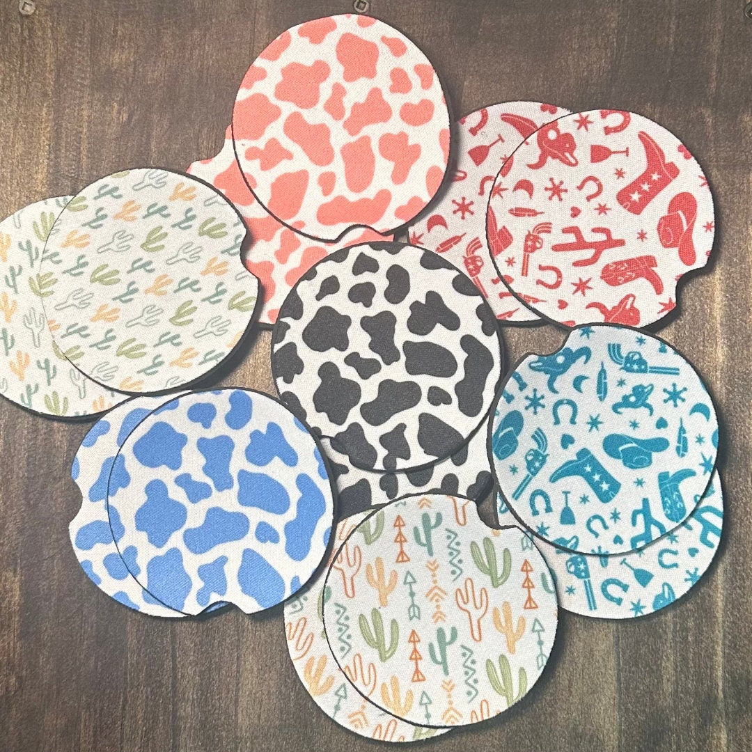 Western Car Coasters Cow Print Cowboy Retro Cactus Turquoise - Etsy