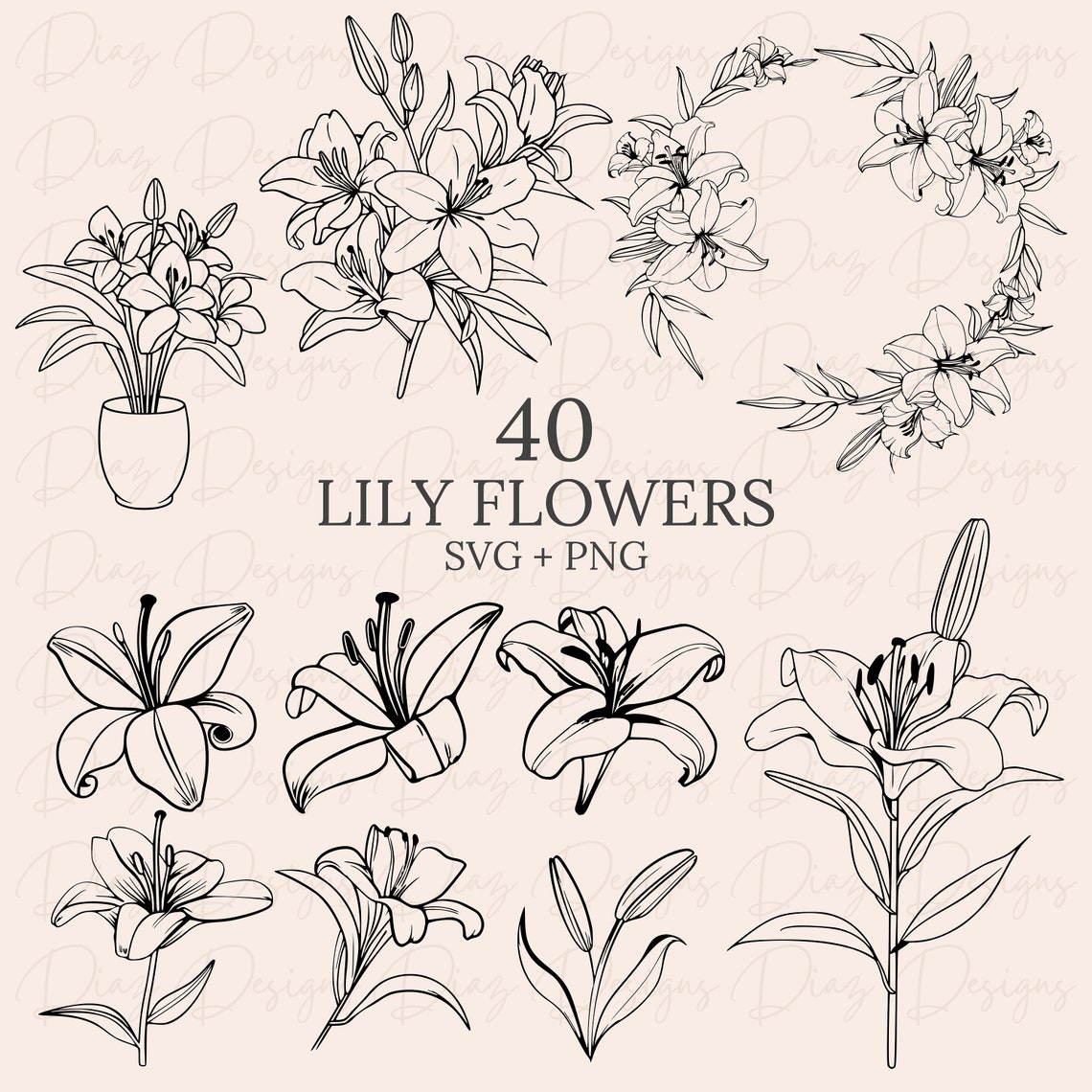 Lily Flowers Svg, Lilies Svg, Lily Wreath Svg, Lily Svg Bundle, Lily ...