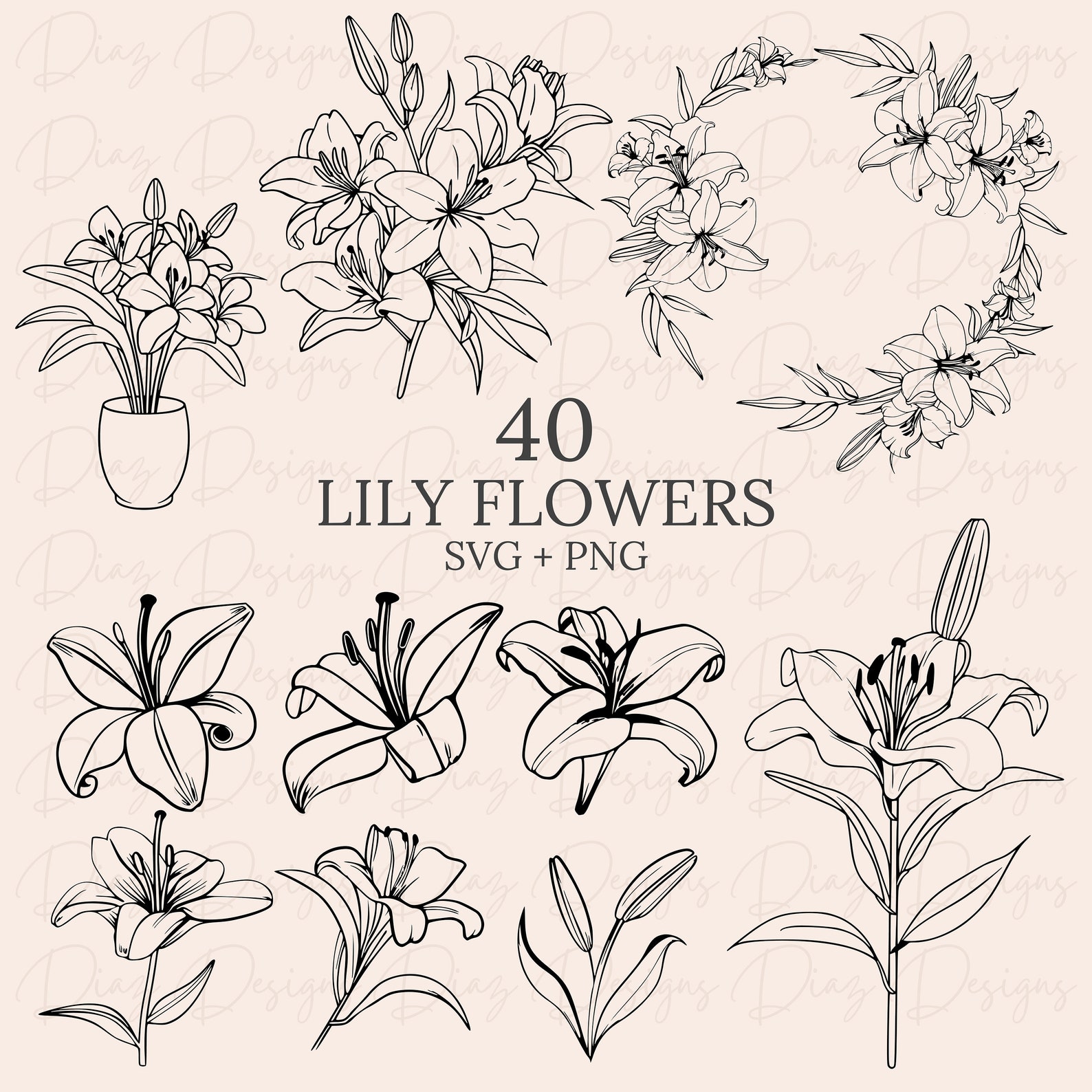 Lily Flowers Svg, Lilies Svg, Lily Wreath Svg, Lily Svg Bundle, Lily ...