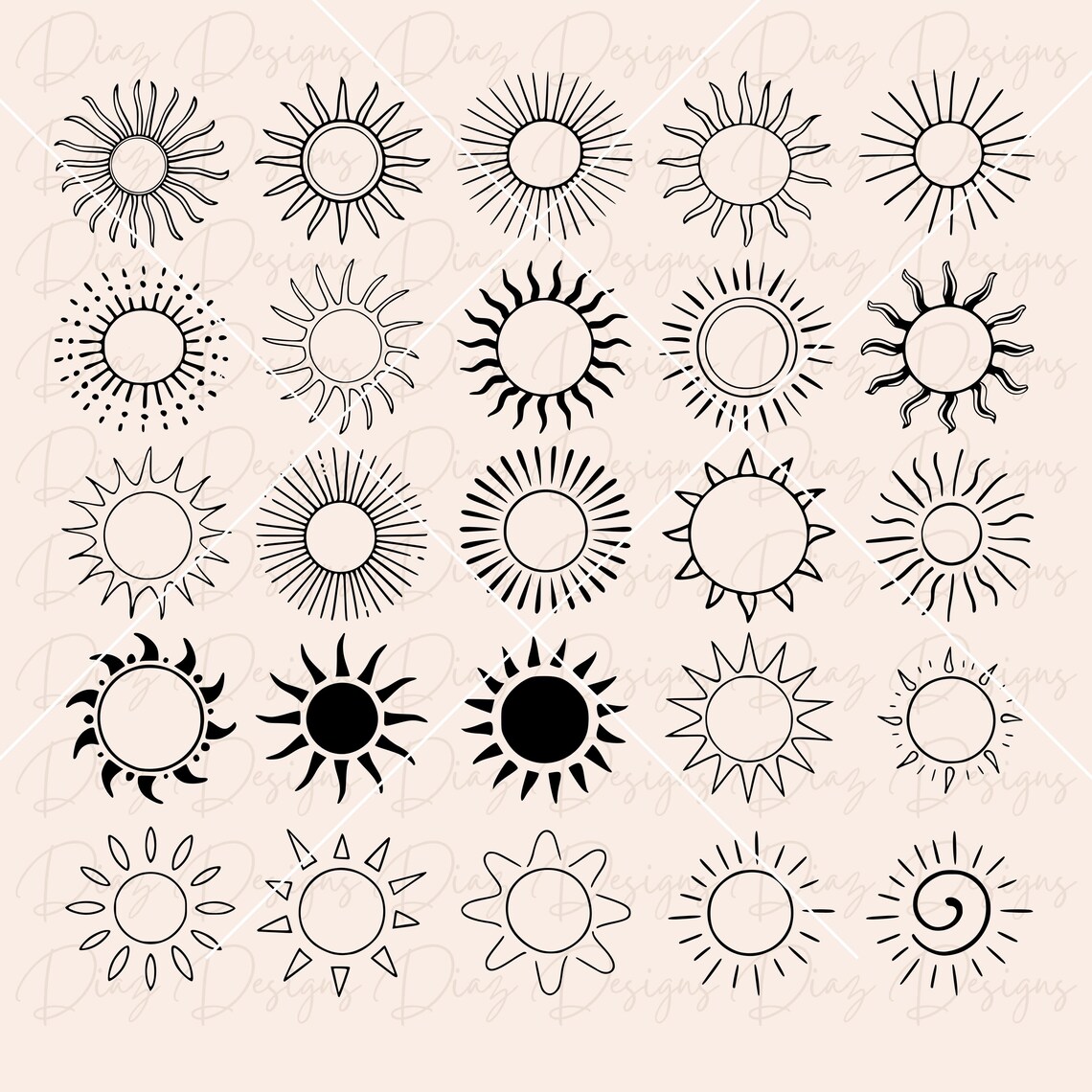 Sun Svg Bundle, Sunburst Svg, Boho Sun Png, Sun Vector, Sun Cut File ...