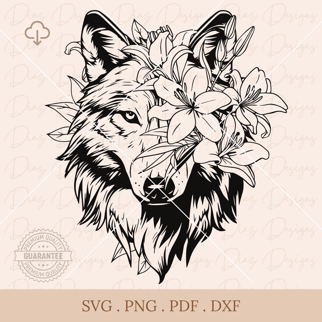 Floral Wolf Clipart, Wolf Head Png, Wolf Cricut, Wolf Flowers Cut File ...